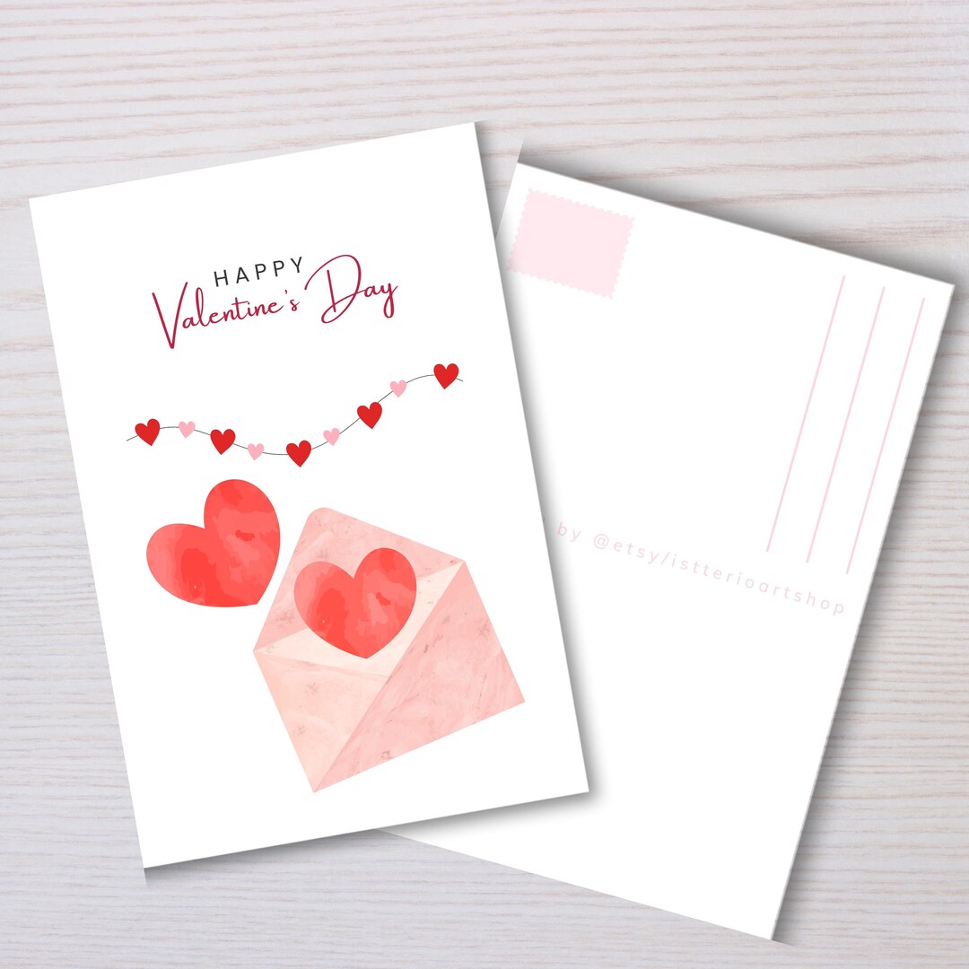 Valentine's Day Postcard, Heart Envelope and Garland Design, Romantic ...