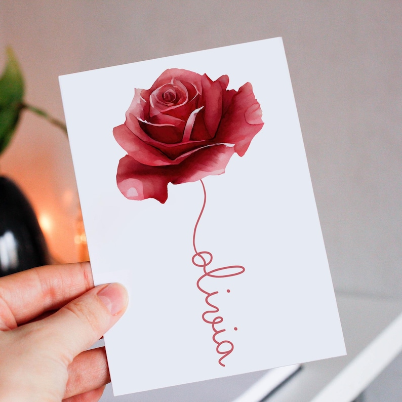 Personalized June Birth Flower Card, Red & Pink Rose, Handmade ...