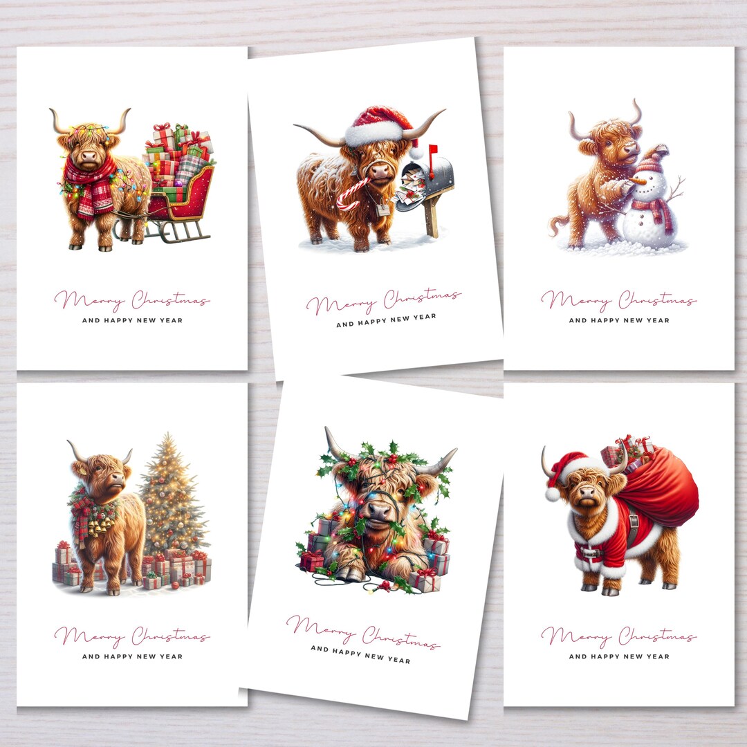 Highland Cow Christmas Card Set, Adorable Highland Cow Holiday Cards ...