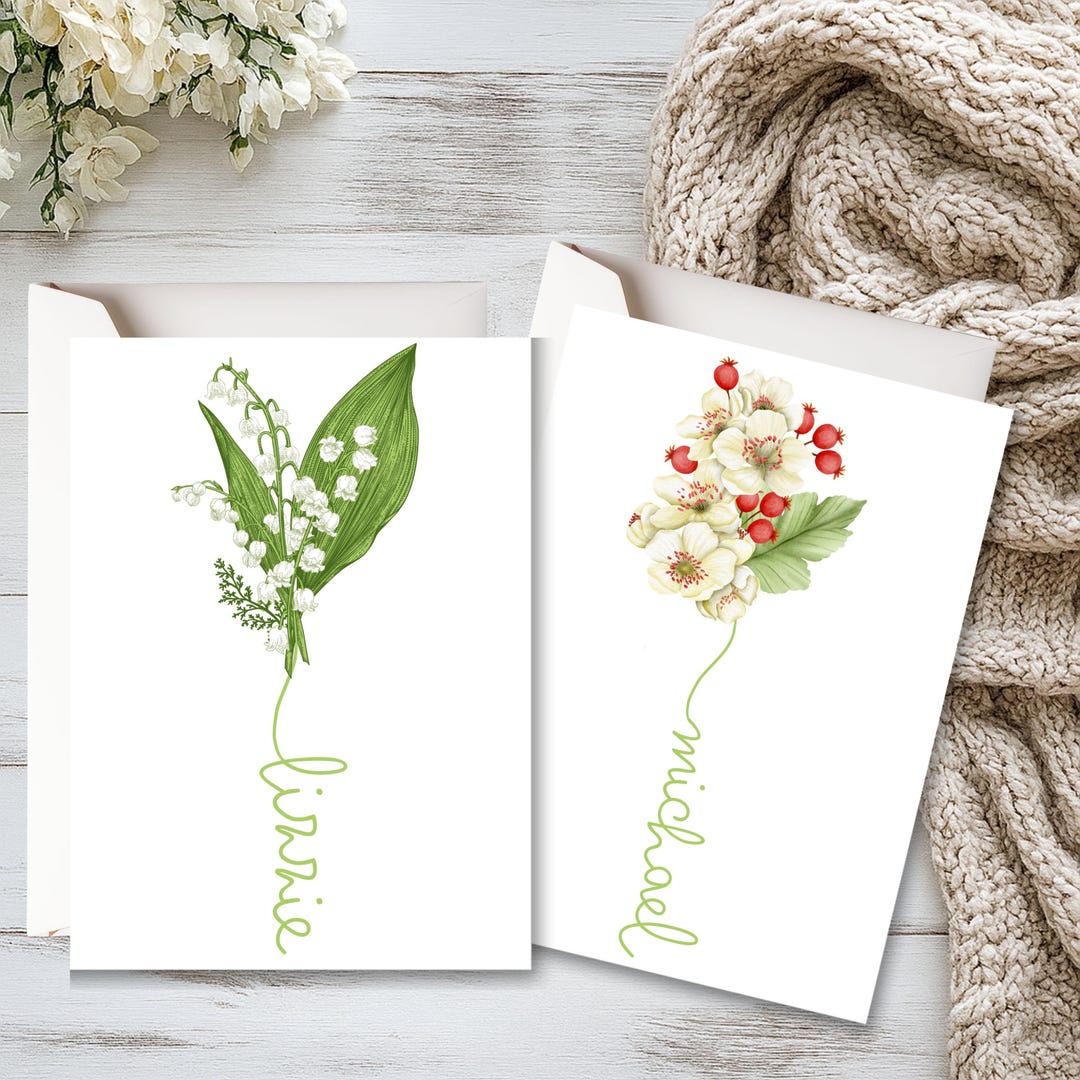 Personalized May Birth Flower Card, Lily of the Valley, Hawthorn Floral ...