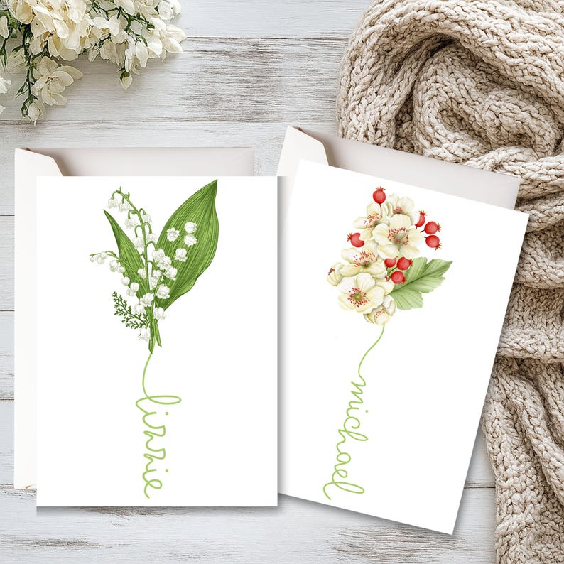 Personalized May Birth Flower Card, Lily of the Valley, Hawthorn Floral ...