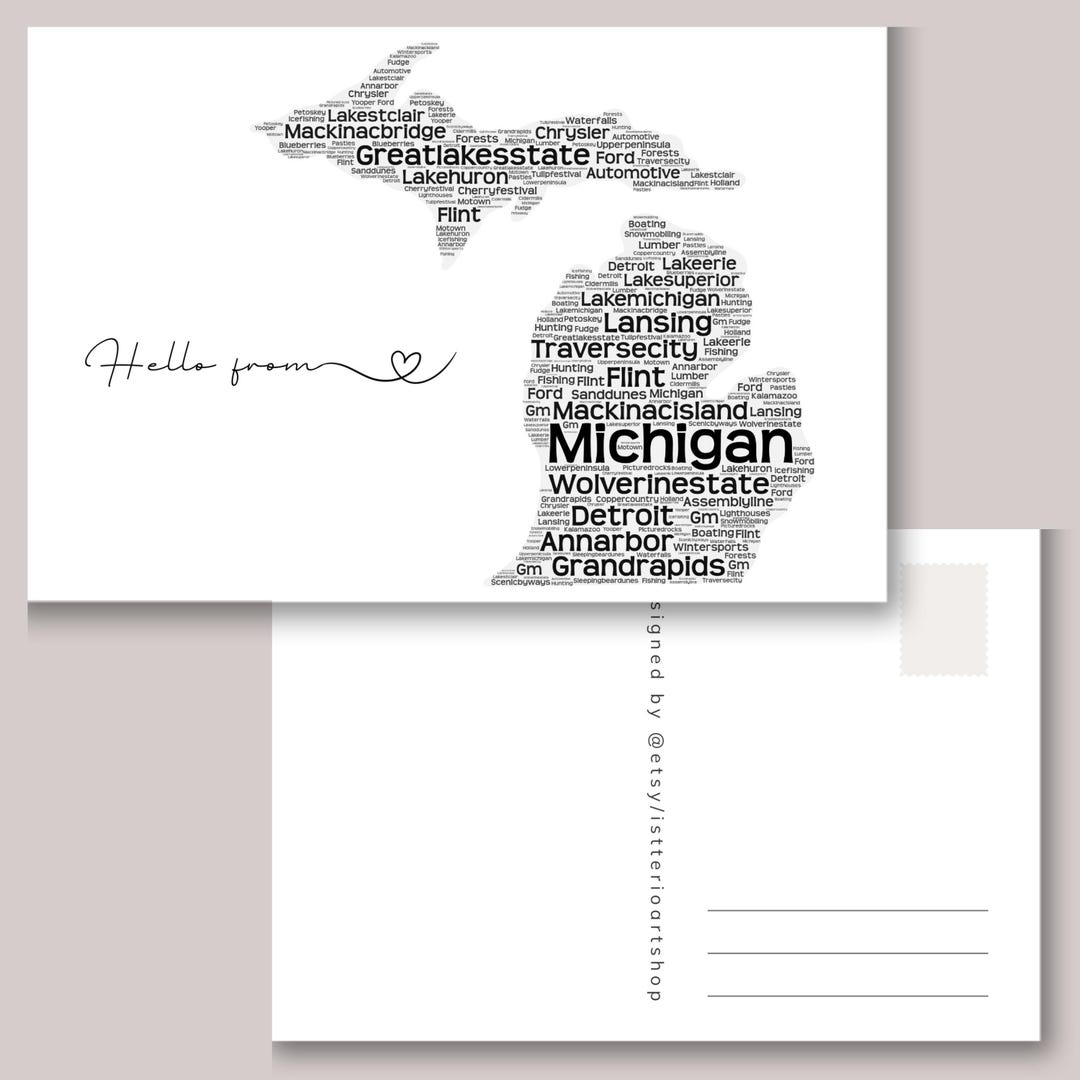 Minimalist Michigan Word Art Postcard Set of 6, Great Lakes State ...