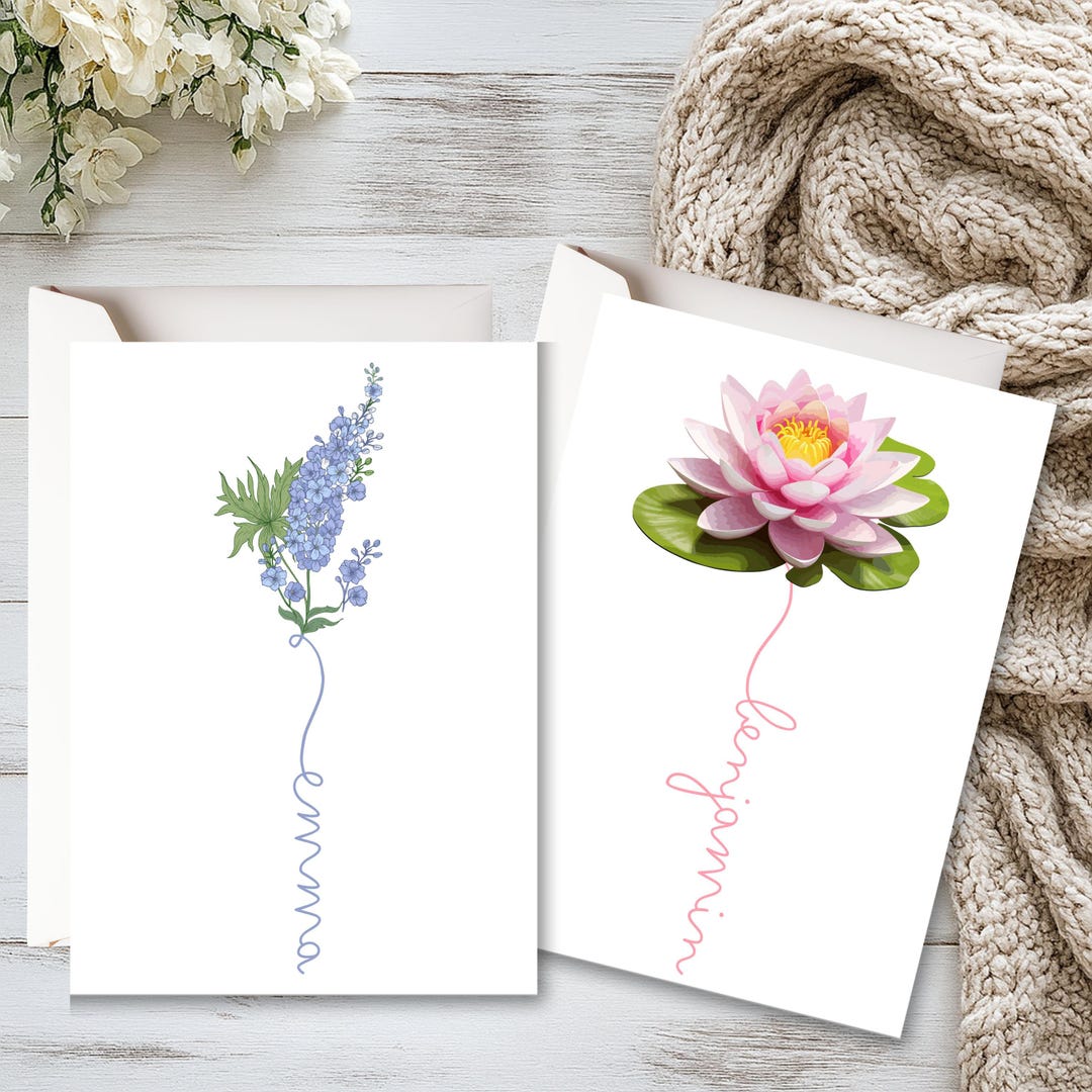 Custom July Birth Flower Card, Personalized Delphinium Water Lily Print ...