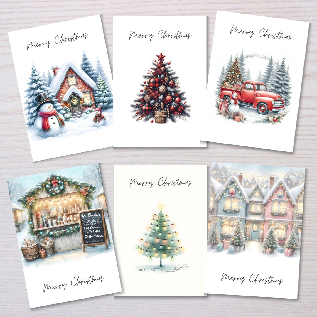 Festive Christmas Greeting Cards, Rustic Holiday Designs, Set of 6 - Etsy