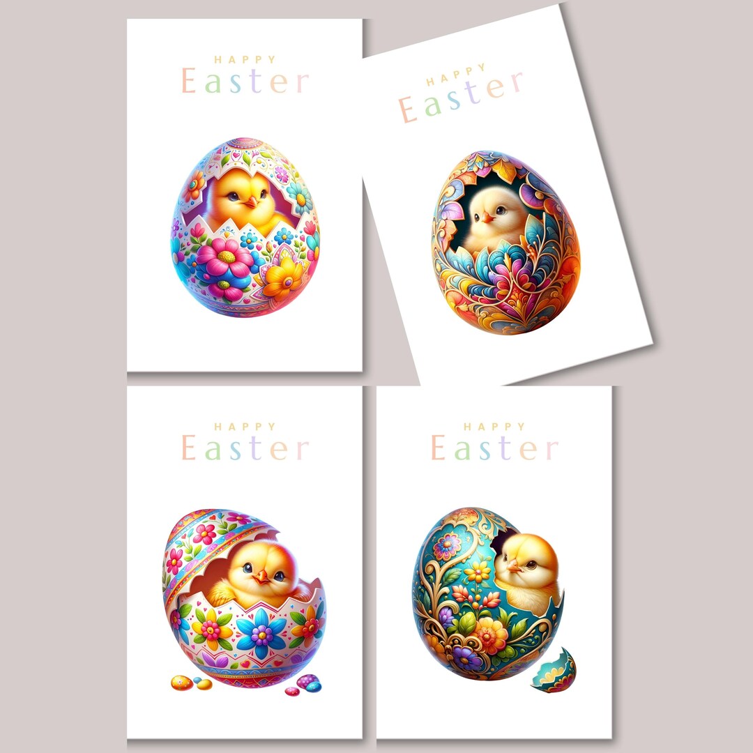 Decorative Easter Egg Postcards, Cute Chick Easter Cards, Hand-painted ...