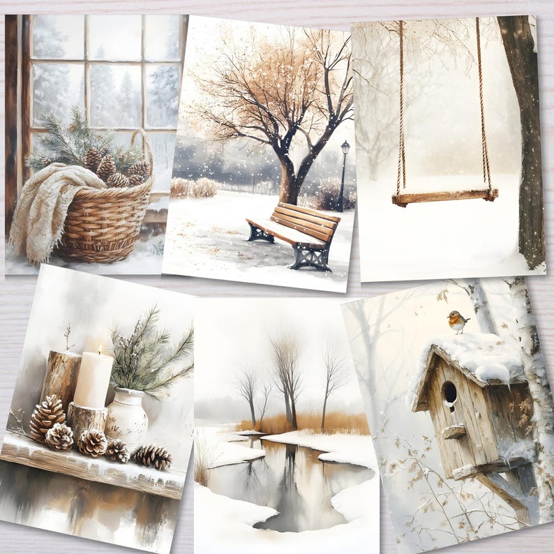 Winter New Year Greeting Card Set of 6, Peaceful Nature Scenes, Rustic ...