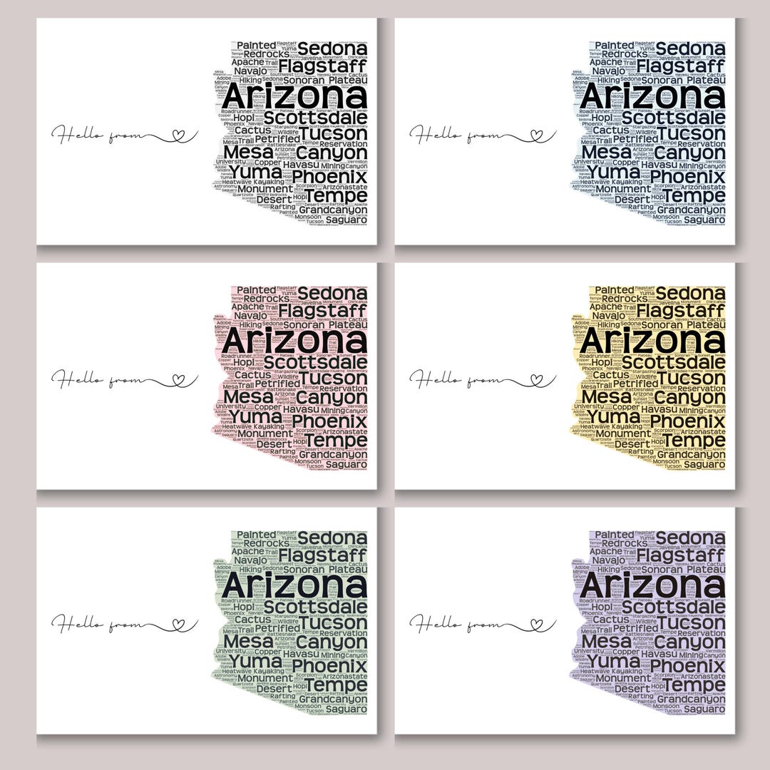 Minimalist Arizona Map Word Art Postcard, Grand Canyon State Typography ...