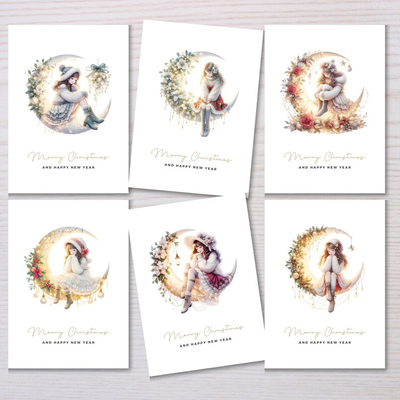 Elegant Christmas Crescent Moon Greeting Cards of 6, Printable Holiday ...