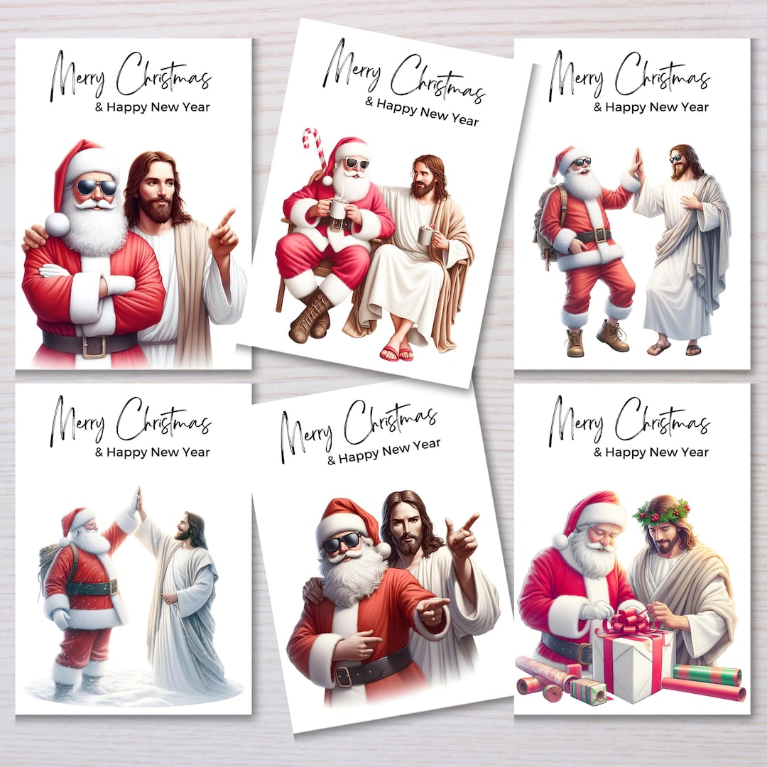 Santa and Jesus Christmas Card Set of 6, Merry Christmas and Happy New ...