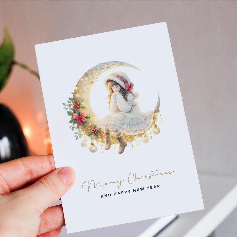 Elegant Christmas Crescent Moon Greeting Cards of 6, Printable Holiday ...