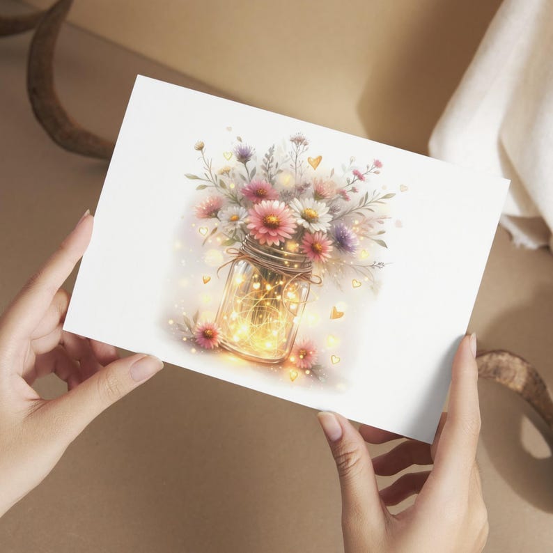 Floral Mason Jar Notecard Set, Magical Fairy Lights, Romantic ...