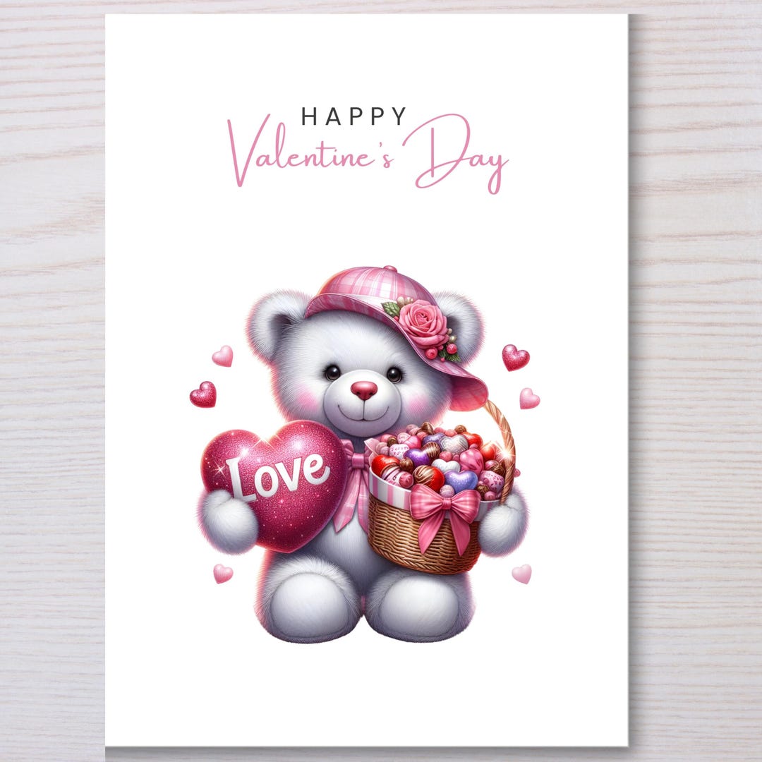 Valentines Day Teddy Bear Card With Love Balloon, Adorable Valentine's ...
