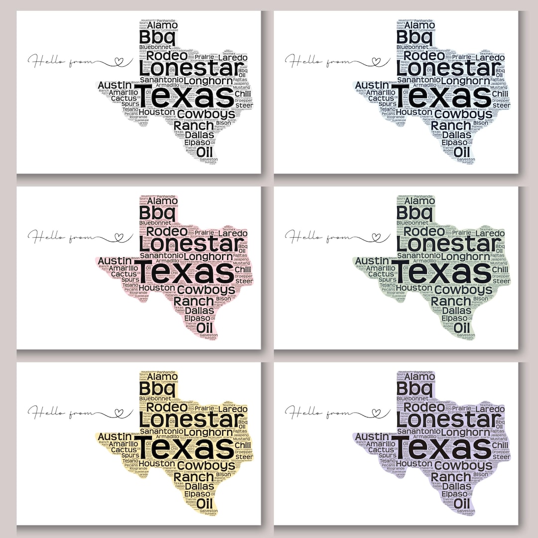 Texas Word Art Postcard, Unique Souvenir for Travelers, "hello From ...