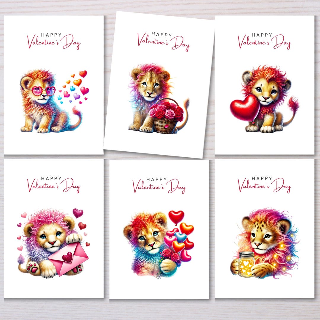 Valentine Lion Card Set of 6, Cute Animal Valentine Cards, Adorable ...