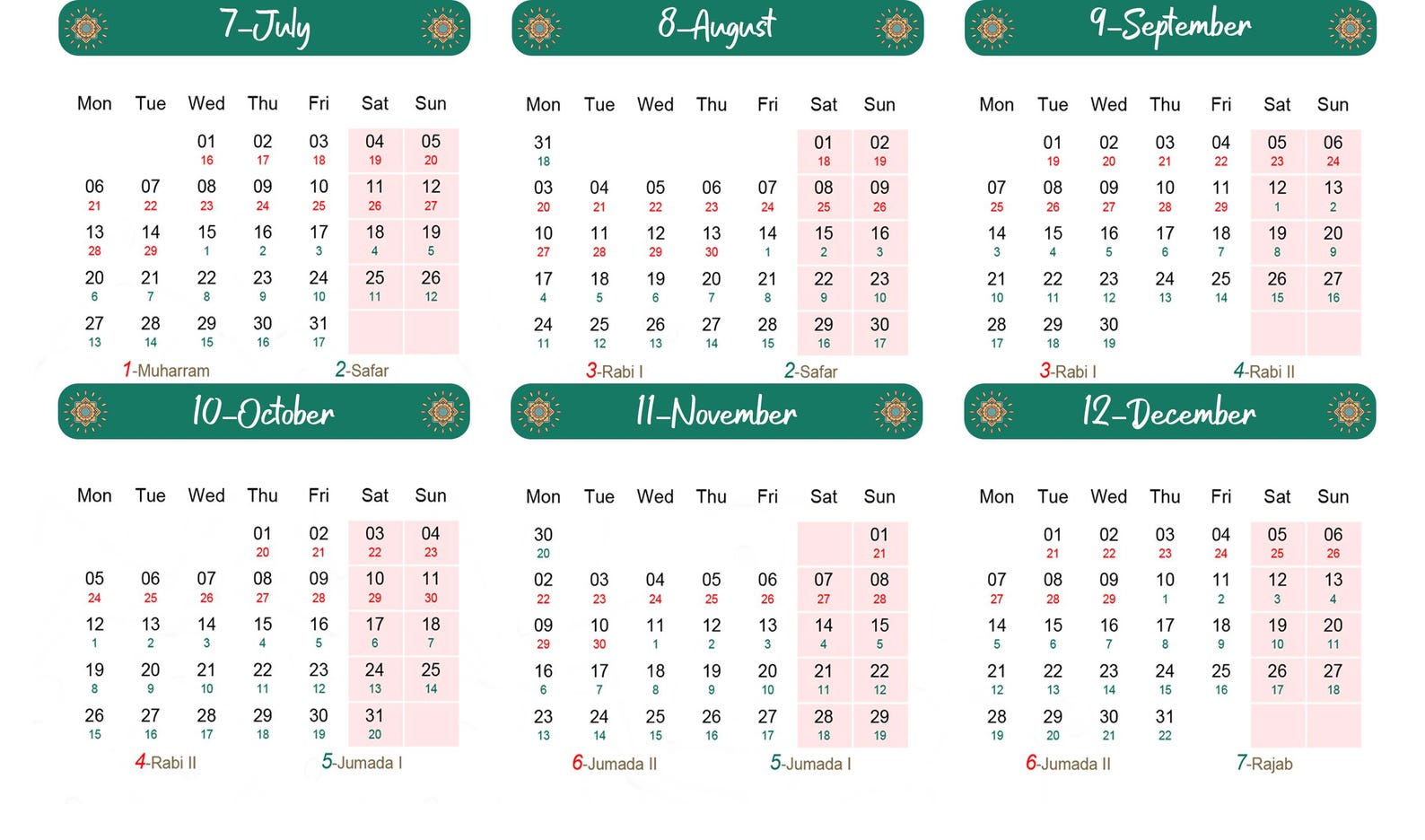 2026 Gregorian & Hijri Calendar Printable – Green Islamic Design ...