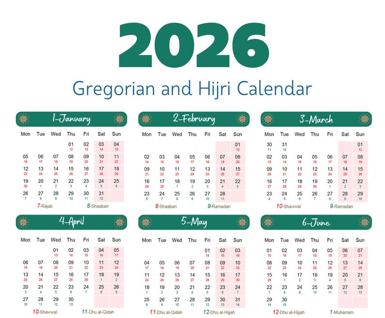 2026 Gregorian & Hijri Calendar Printable – Green Islamic Design ...