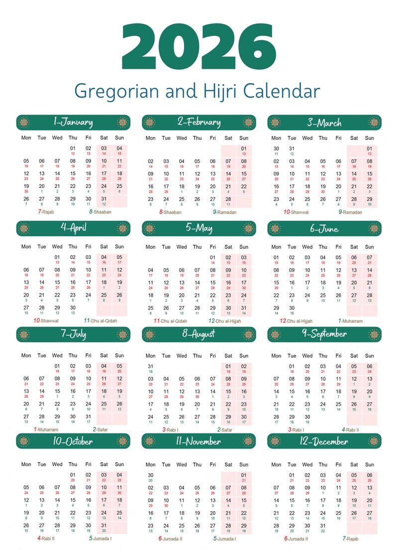 2026 Gregorian & Hijri Calendar Printable – Green Islamic Design ...
