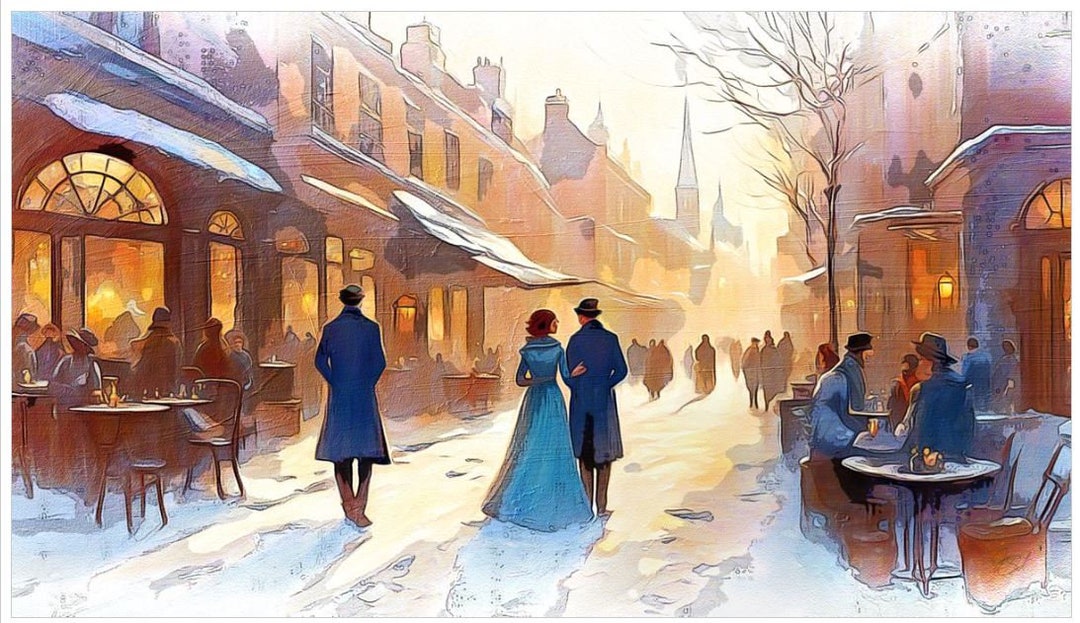 1920's Era Snowy Street Café Wall Art With Gold and Copper Tones 2 ...