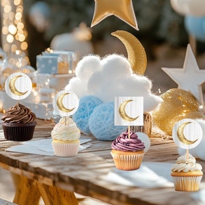We Are Over the Moon Baby Shower Cupcake Toppers, Blue and Gold ...