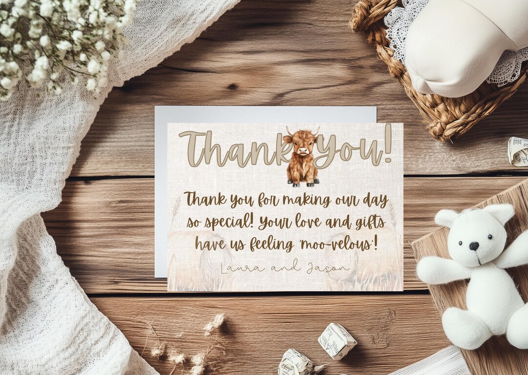 Highland Cow Baby Shower Thank You Card, Cow, Animal, Digital Download ...