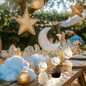 We Are Over the Moon Baby Shower Cupcake Toppers, Blue and Gold ...