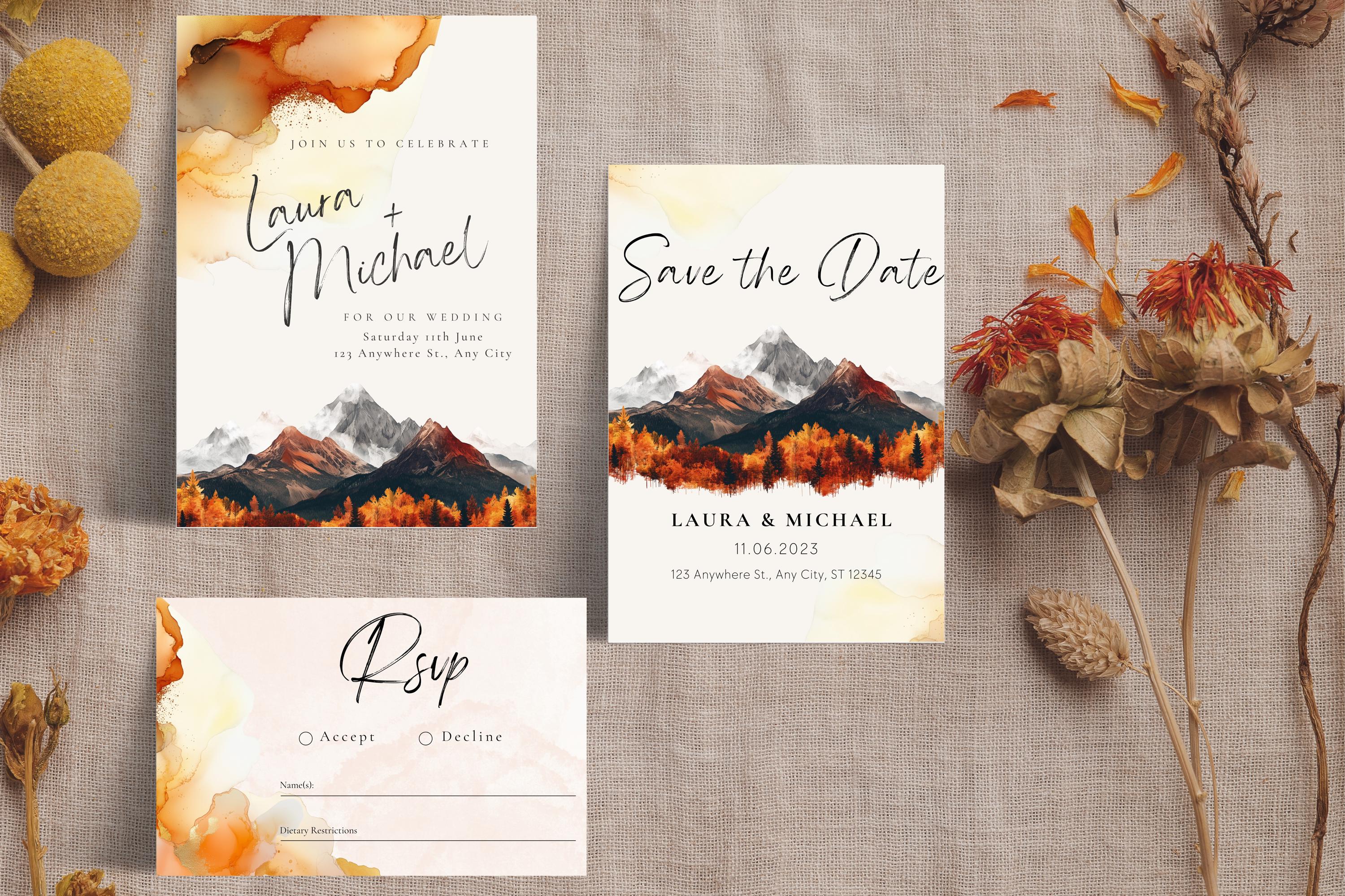 Fall Mountain Pre Wedding Invitation Suite Bundle, RSVP, Save the Date ...