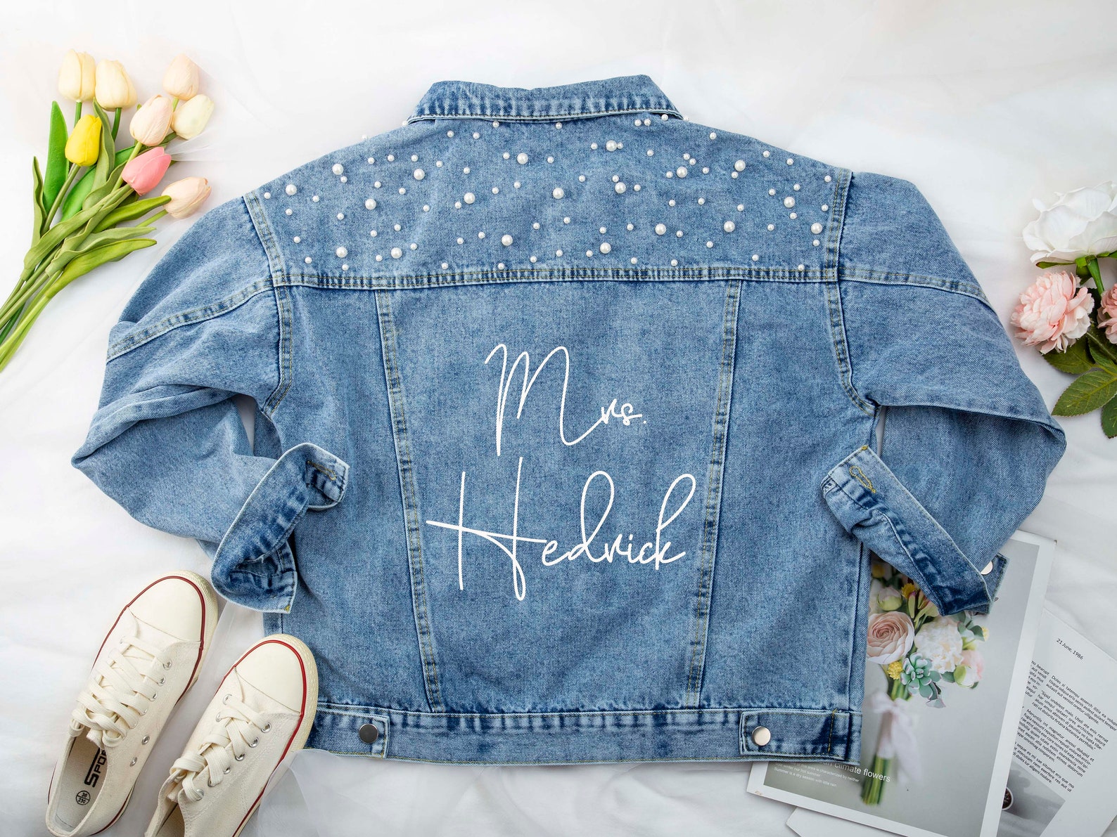 Custom Bridal Denim Jacket With Pearls Personalized Mrs. Jean - Etsy