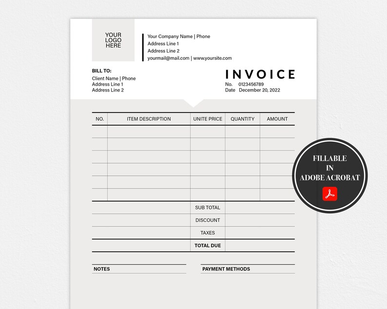 Invoice Template PDF Printable Invoice Fillable Invoice - Etsy