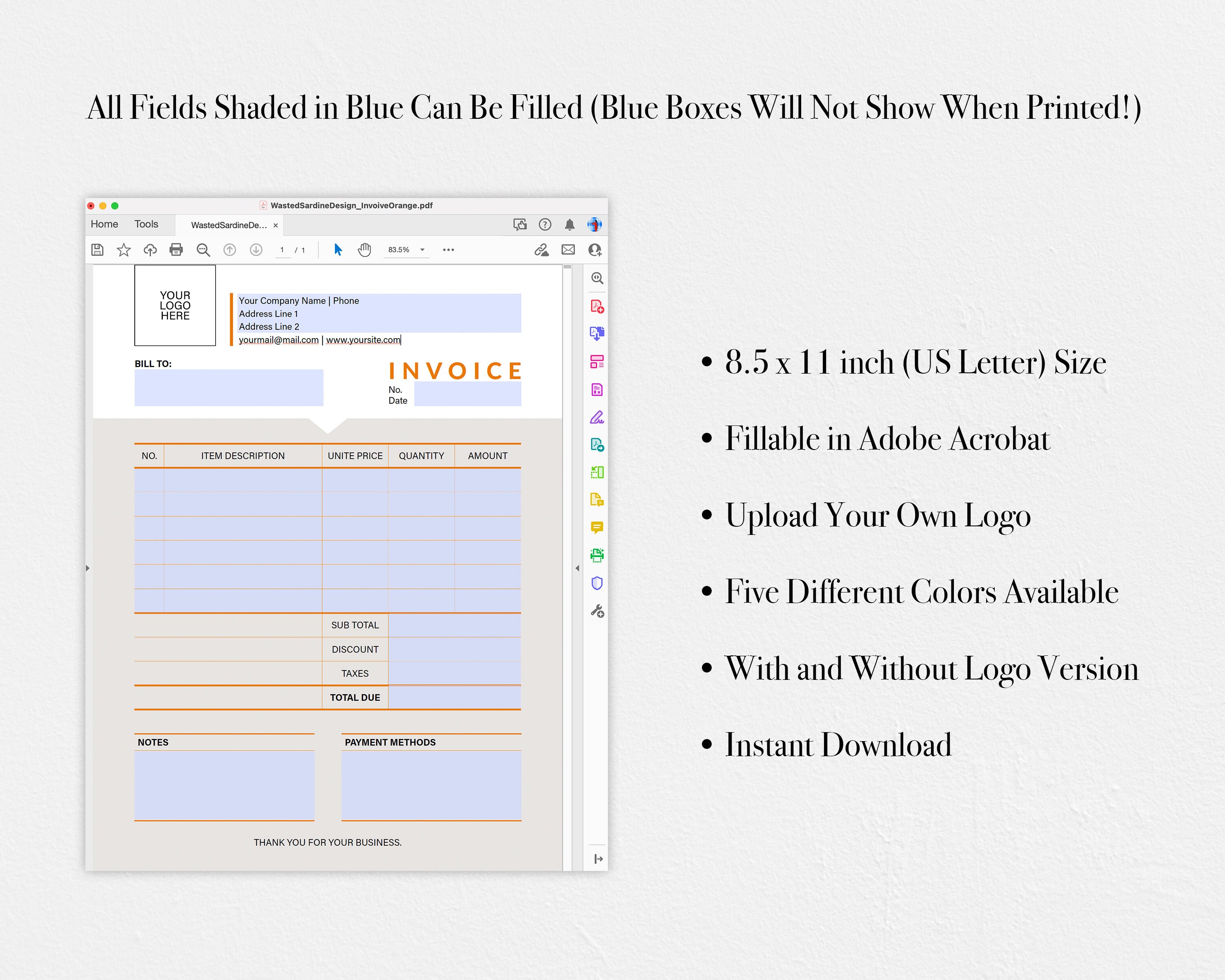 Invoice Template PDF Printable Invoice Fillable Invoice - Etsy