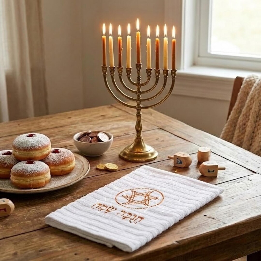 Chanuka Sameach Kitchen Towel, Hebrew Happy Hanukkah Gift, Star of ...