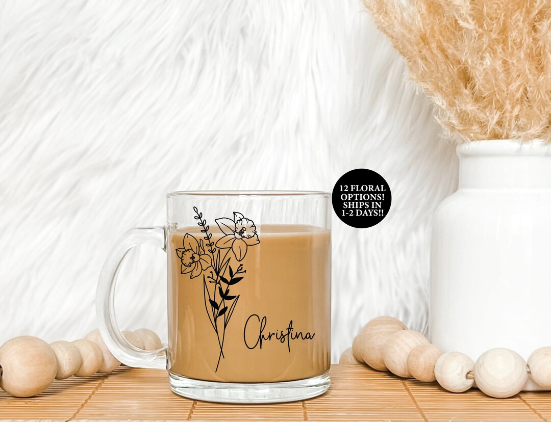 Personalized Glass Mug, Floral Mug, Custom Glass Mug, Custom Coffee Mug ...