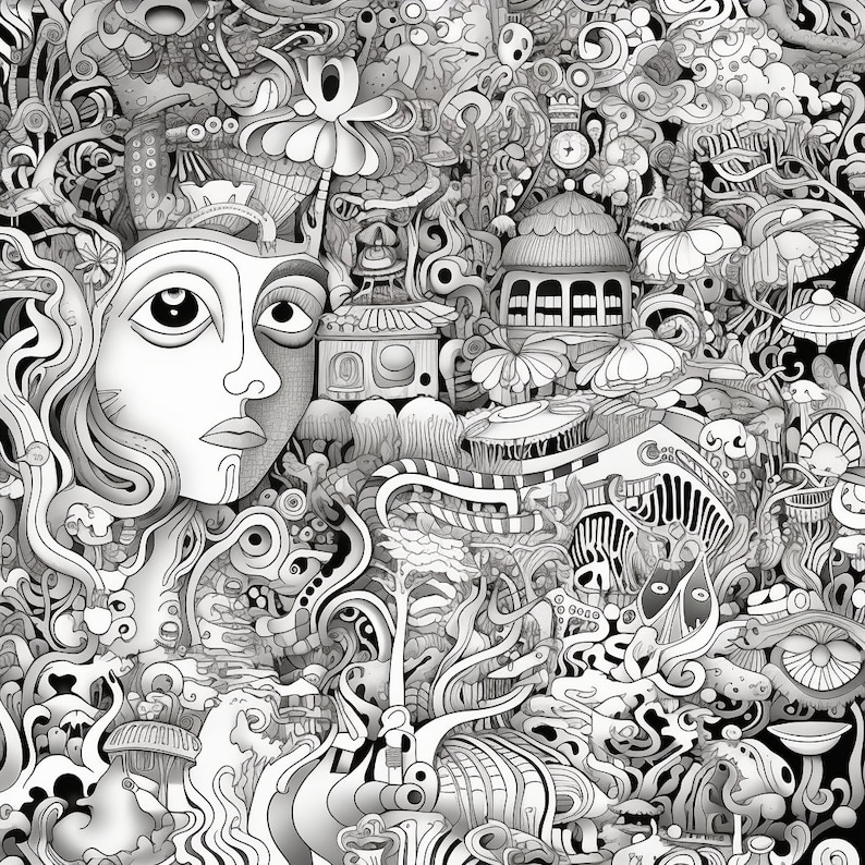 Psychedelic Trippy Adult Coloring Pages Grayscale 52 Digital Downloads ...