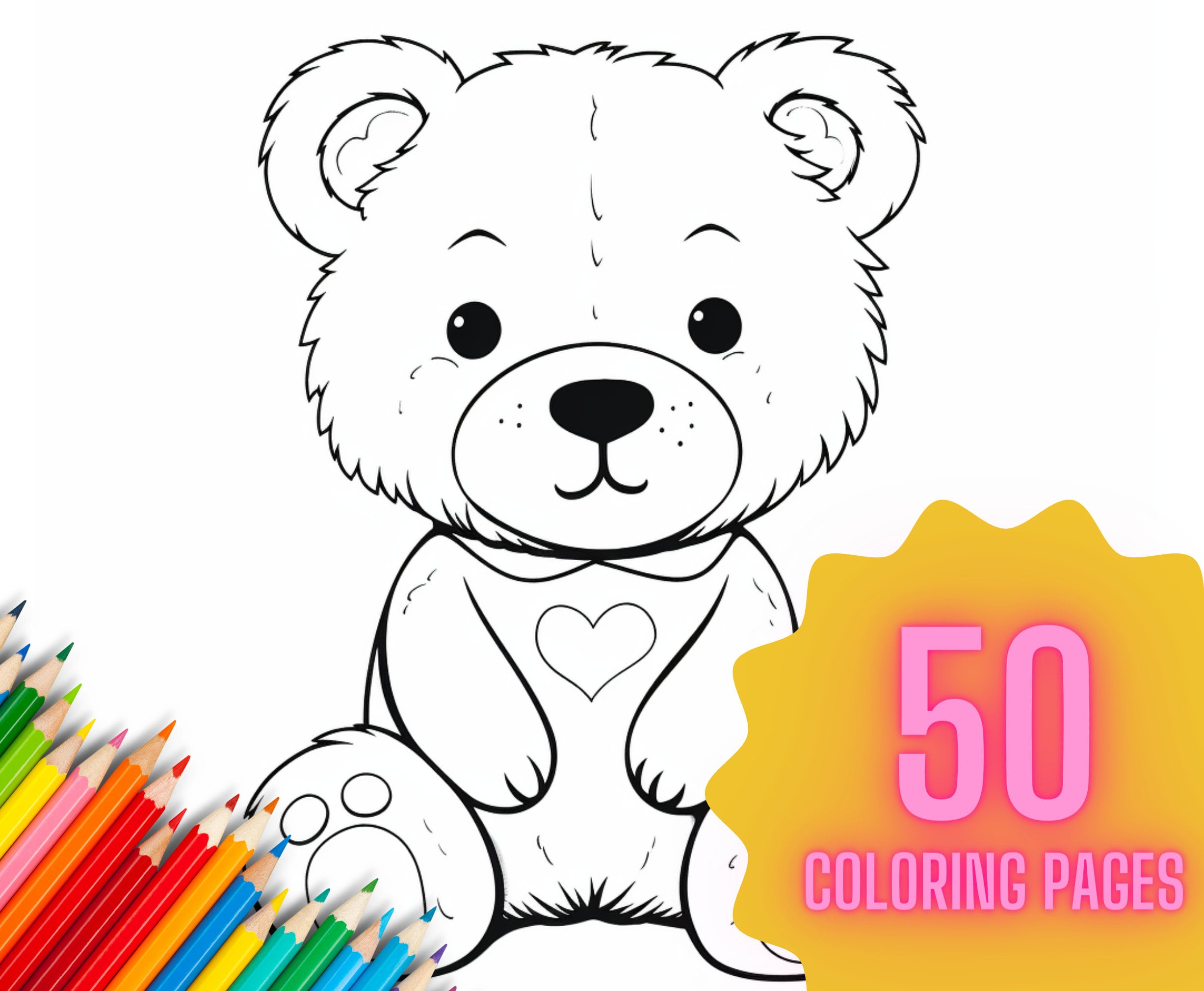 Teddy Bear Simple Coloring Pages 50 Printable Digital Downloads - Etsy
