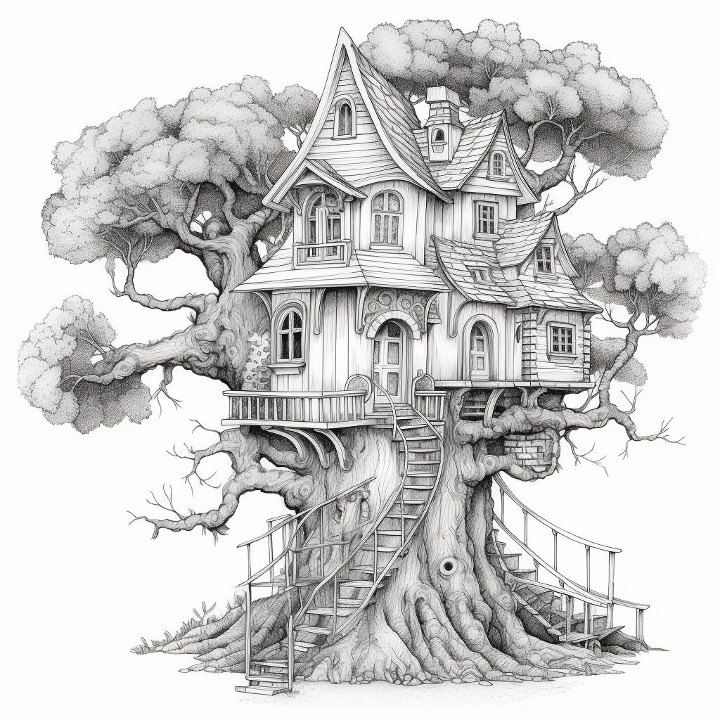 Treehouse Adult Coloring Page Detailed Grayscale Print 50 Digital ...