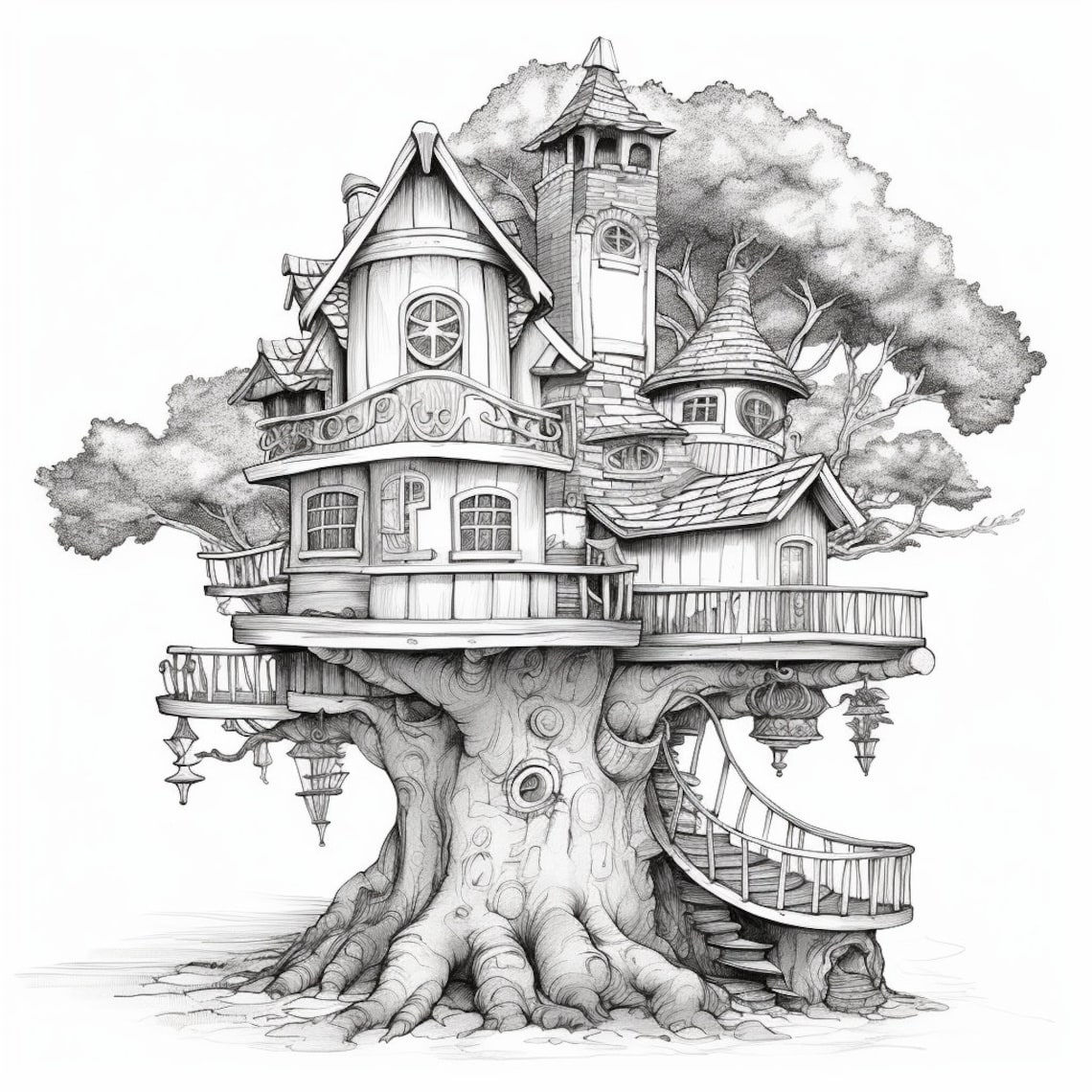 Treehouse Adult Coloring Page Detailed Grayscale Print 50 Digital ...