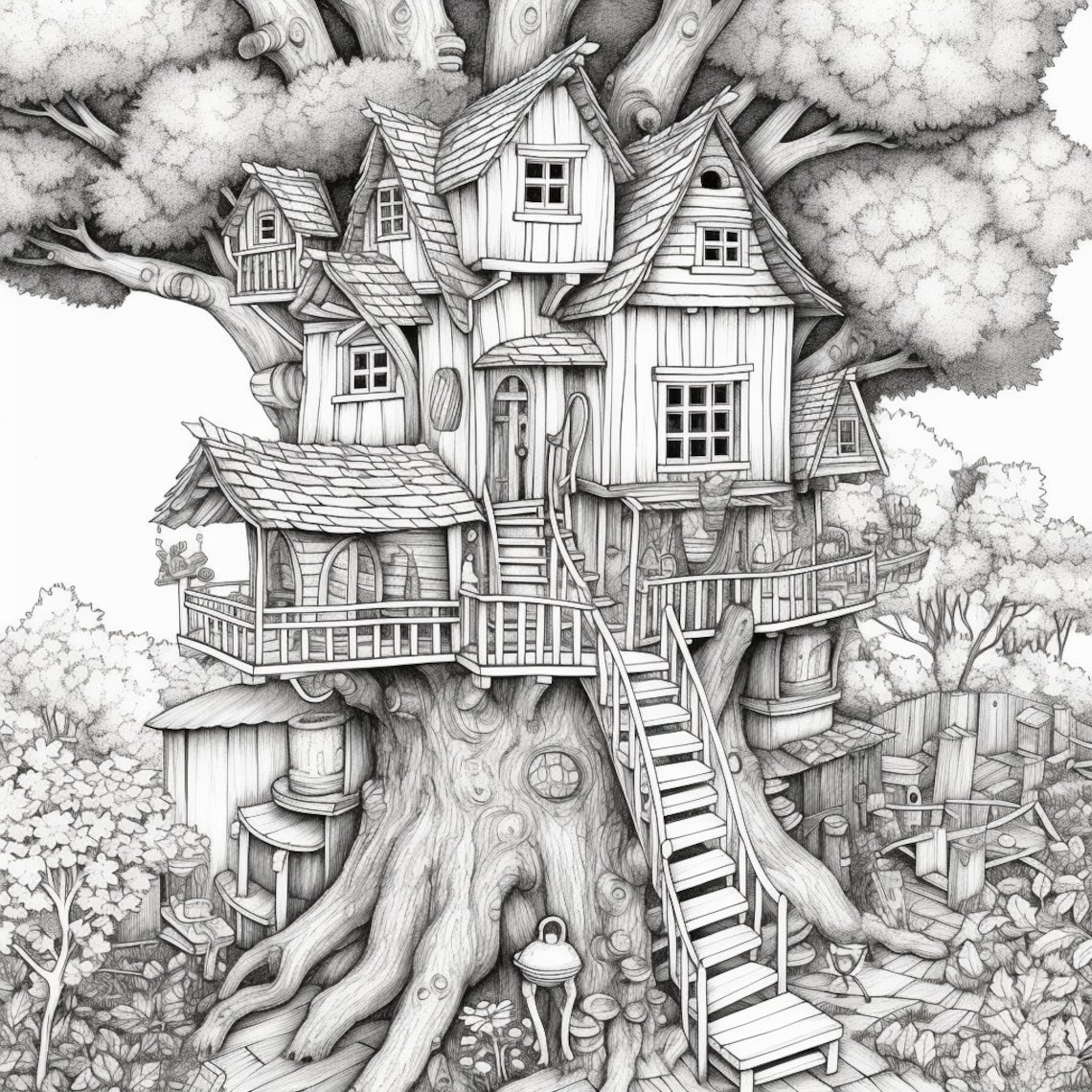 Treehouse Adult Coloring Page Detailed Grayscale Print 50 Digital ...