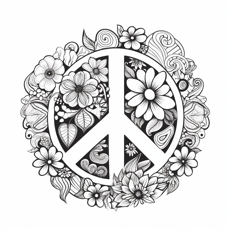 25 Adult Coloring Pages Peace Sign Floral Designs - Etsy