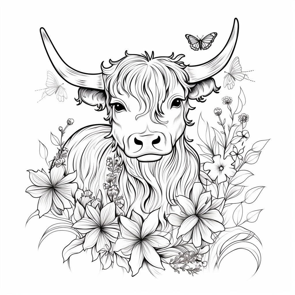 Floral Highland Cow Calf Print Adult Coloring Page 52 Digital Downloads ...