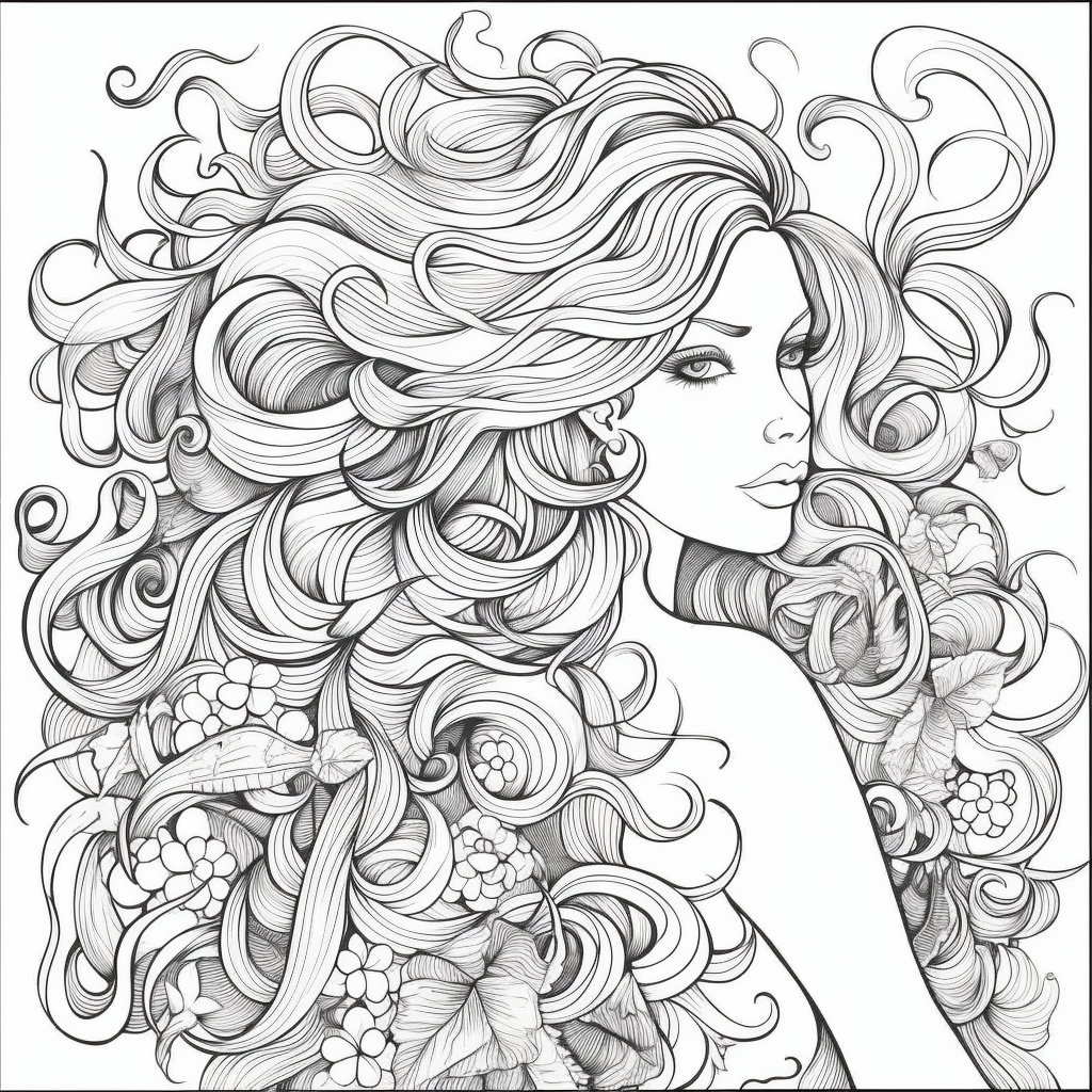 Girl Hair Coloring Pages Designs Women Hair Style Printable Digital ...