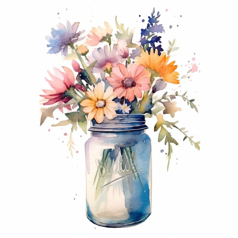 Bouquet of Flowers in Mason Jar Clipart Jpgs Digital Download Card ...