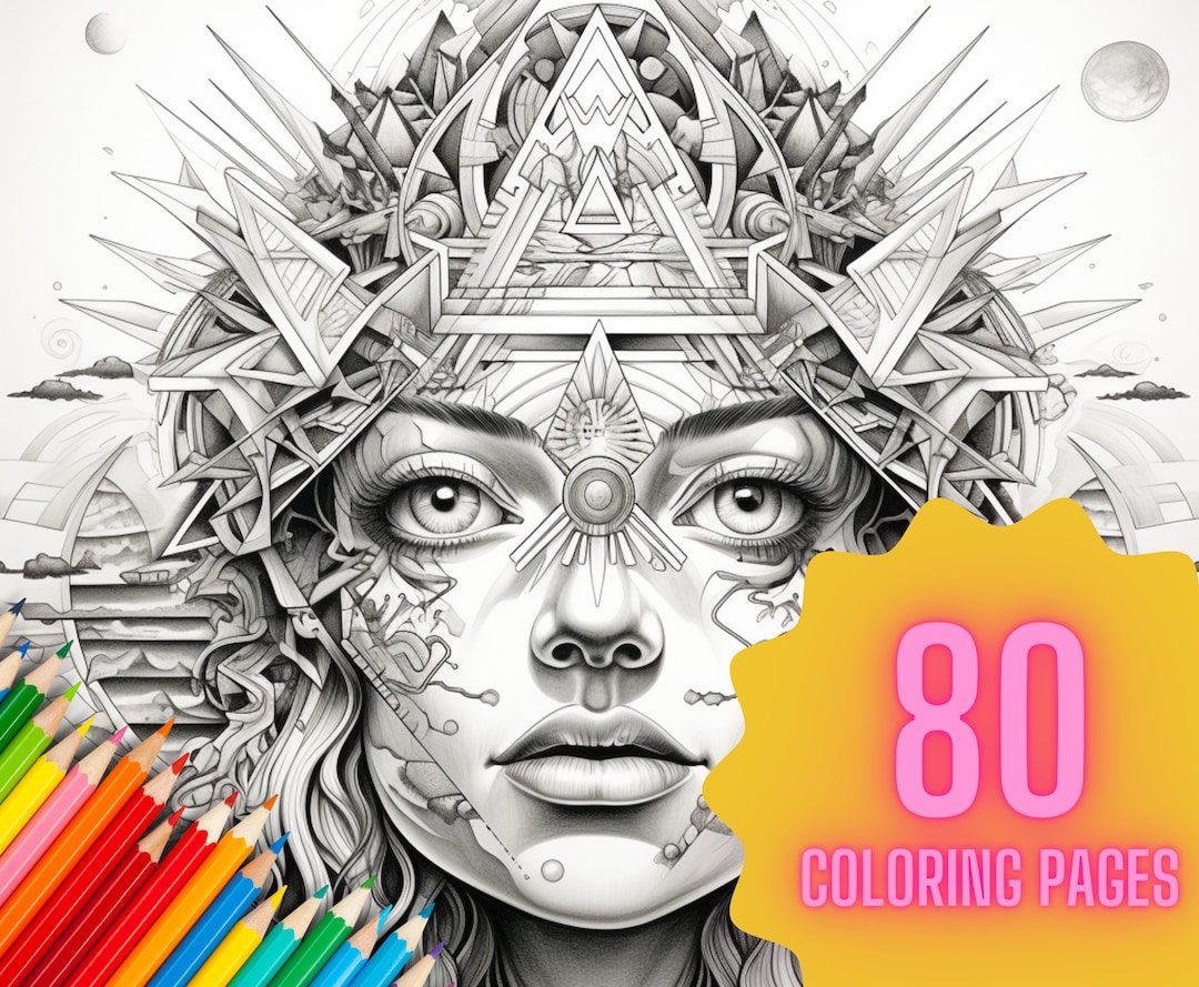 Psychedelic Prism Trippy Adult Coloring Pages Grayscale 80 Digital ...