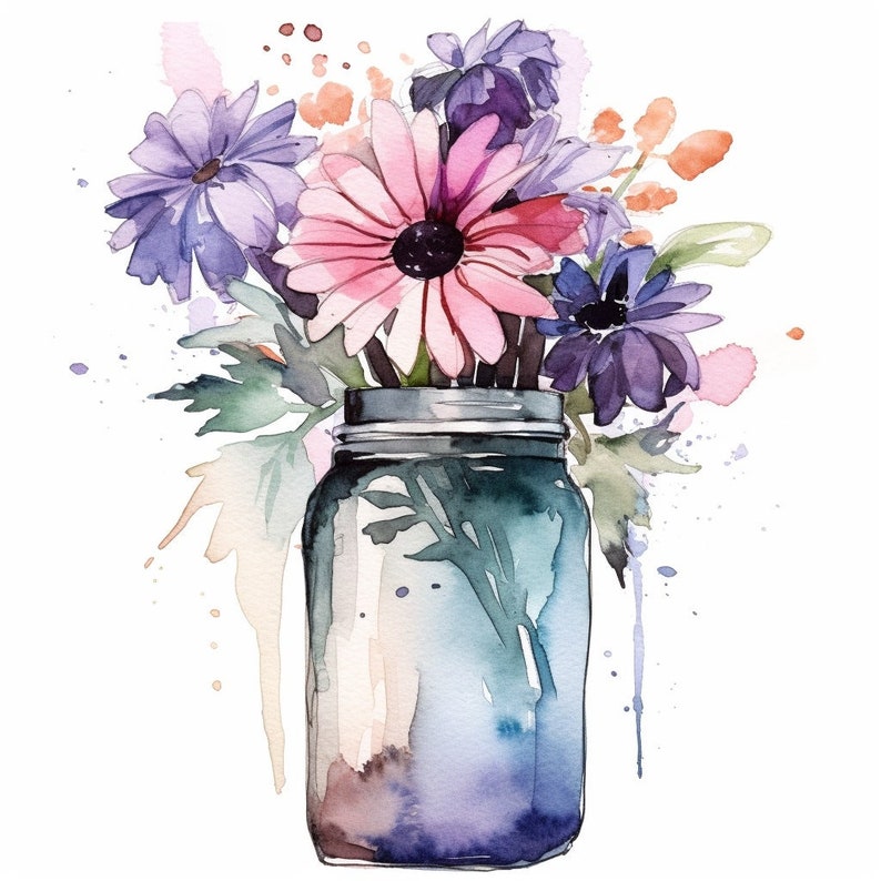 Bouquet of Flowers in Mason Jar Clipart Jpgs Digital Download Card ...