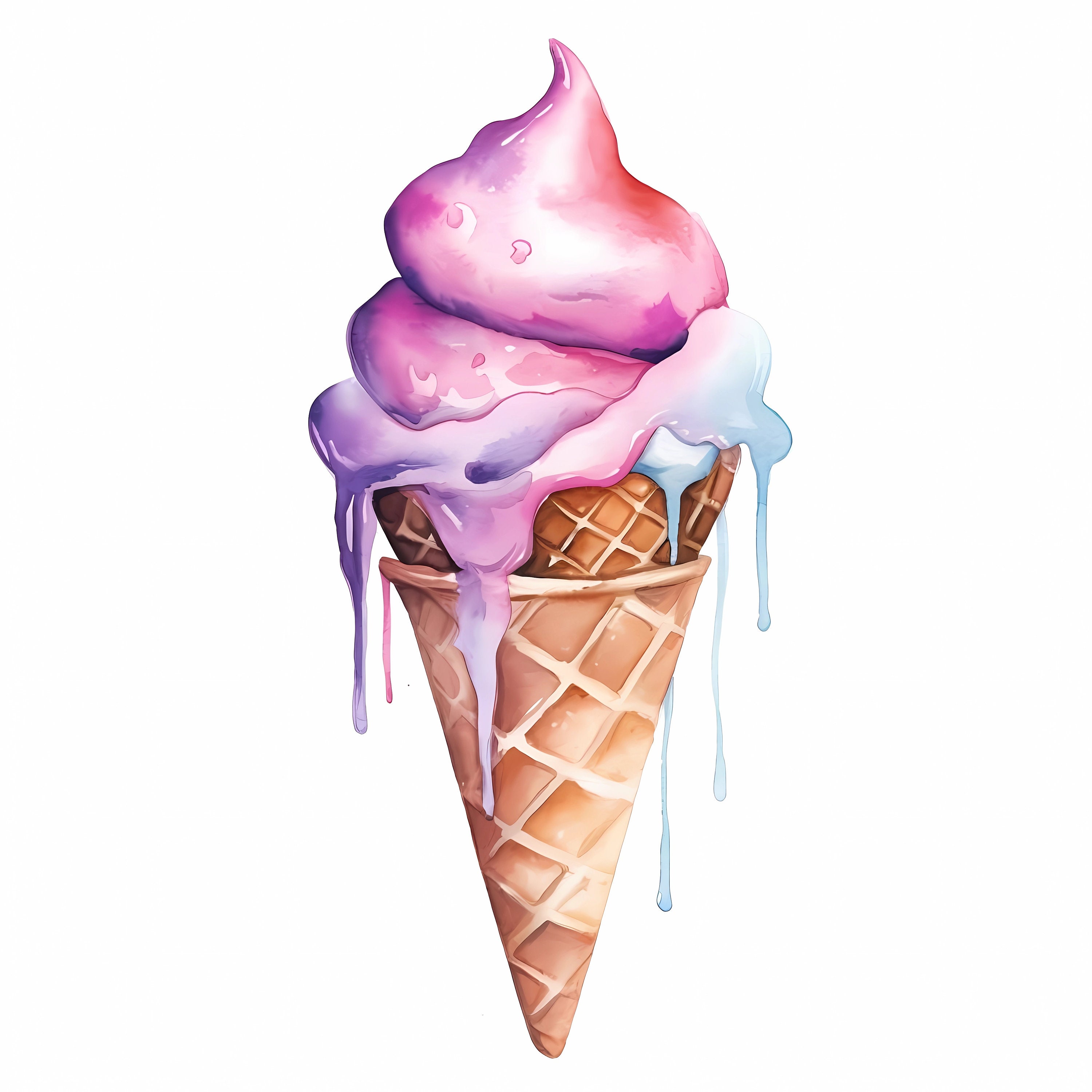 Watercolor Ice Cream Cone Colorful Clipart Art Printable 20 High ...