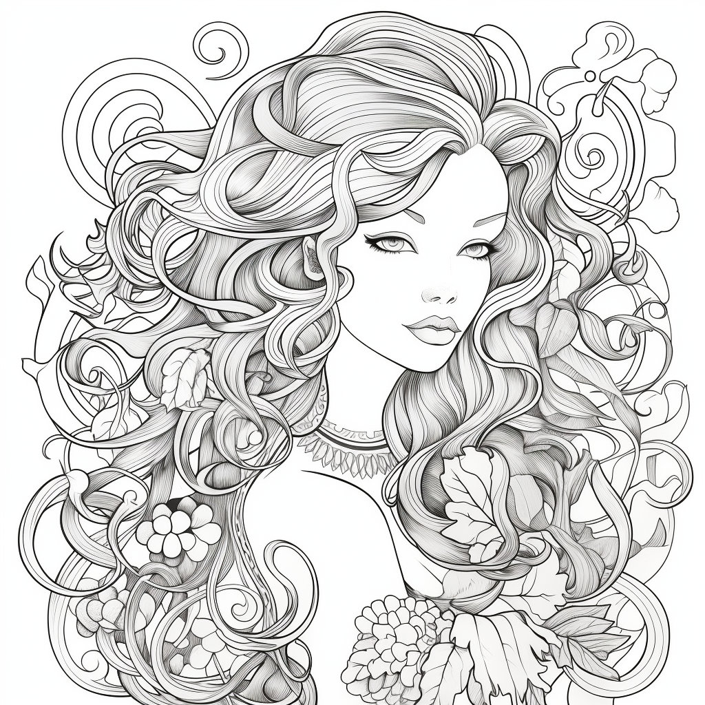 Girl Hair Coloring Pages Designs Women Hair Style Printable Digital ...