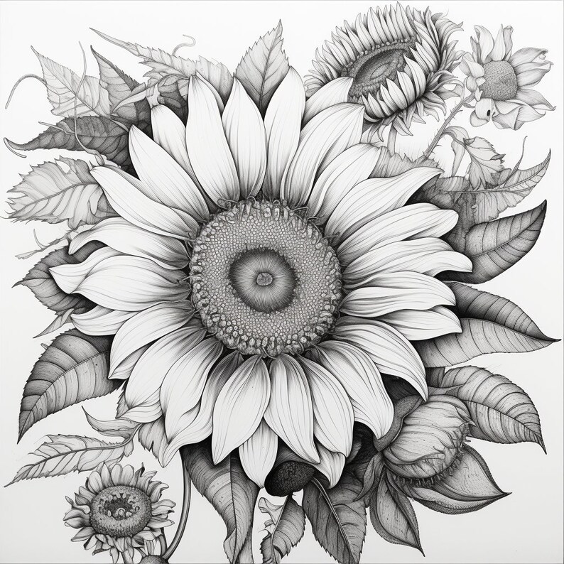 Sunflower Adult Coloring Pages Floral 50 Printable Digital Downloads - Etsy
