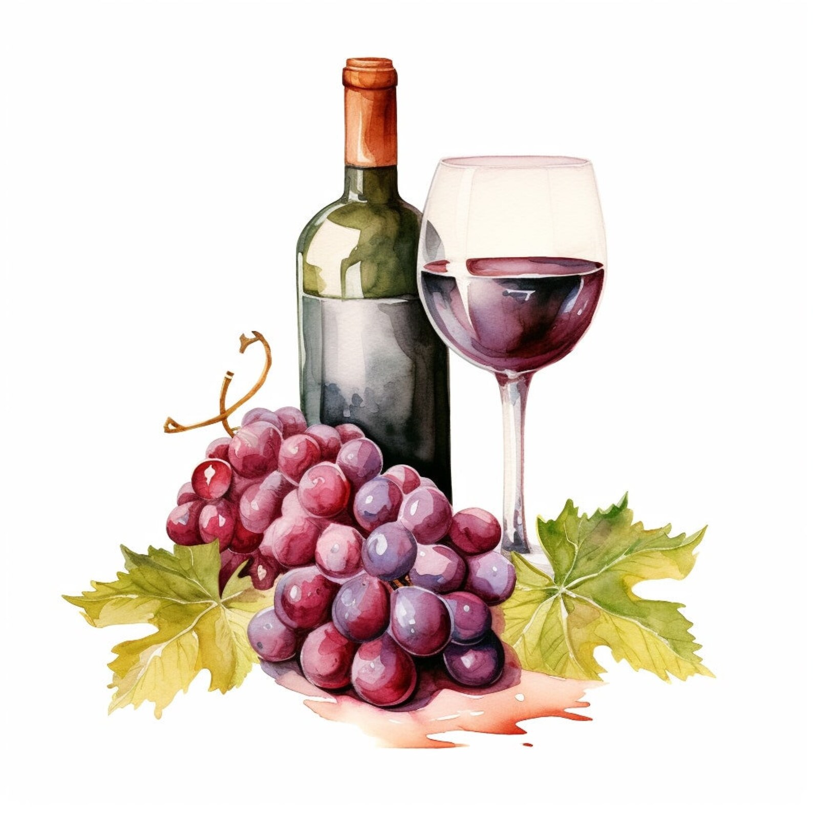 20 Wine Glass Bottle Watercolor Cocktail Grape Clipart Digital ...