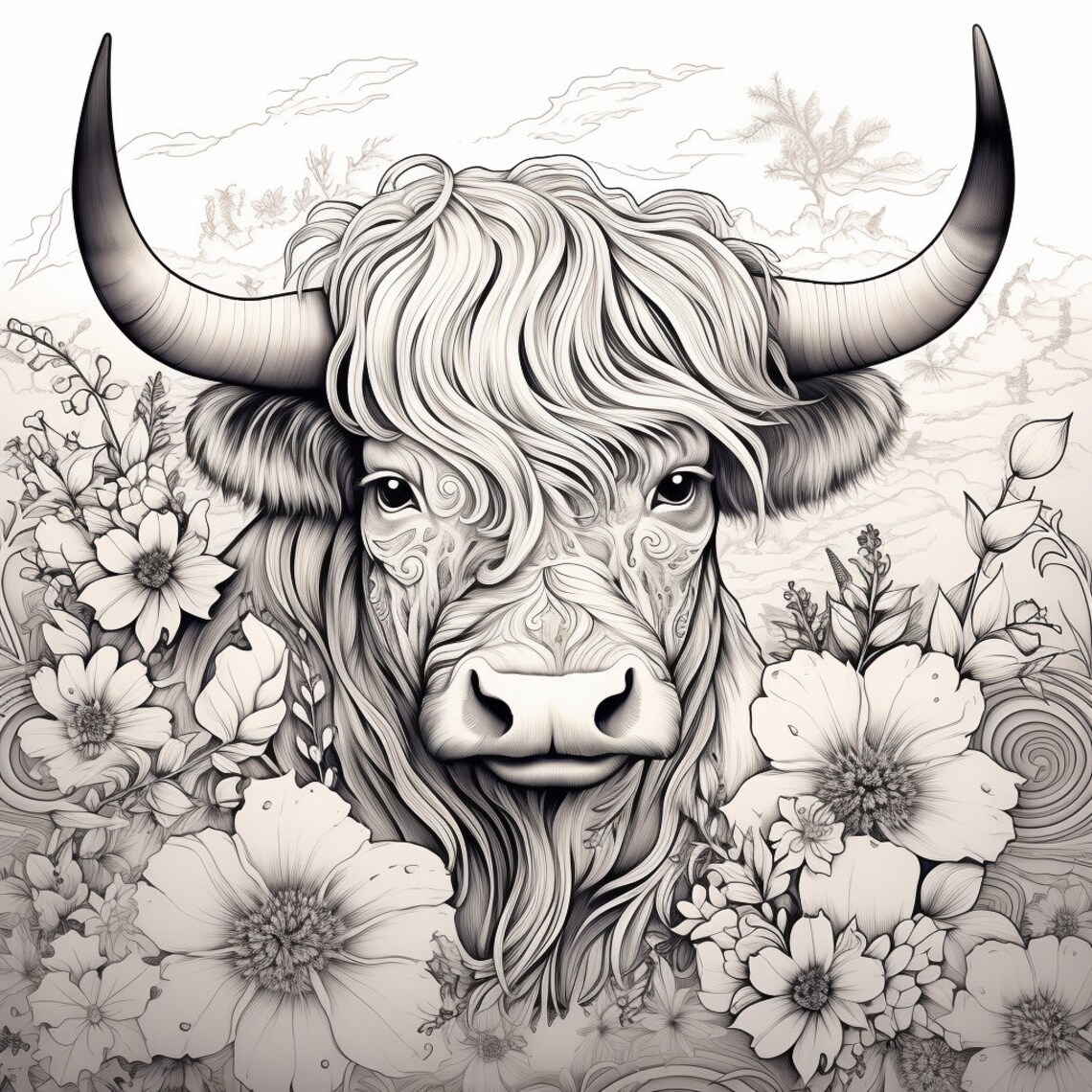 Floral Highland Cow Print Adult Coloring Page 50 Digital - Etsy