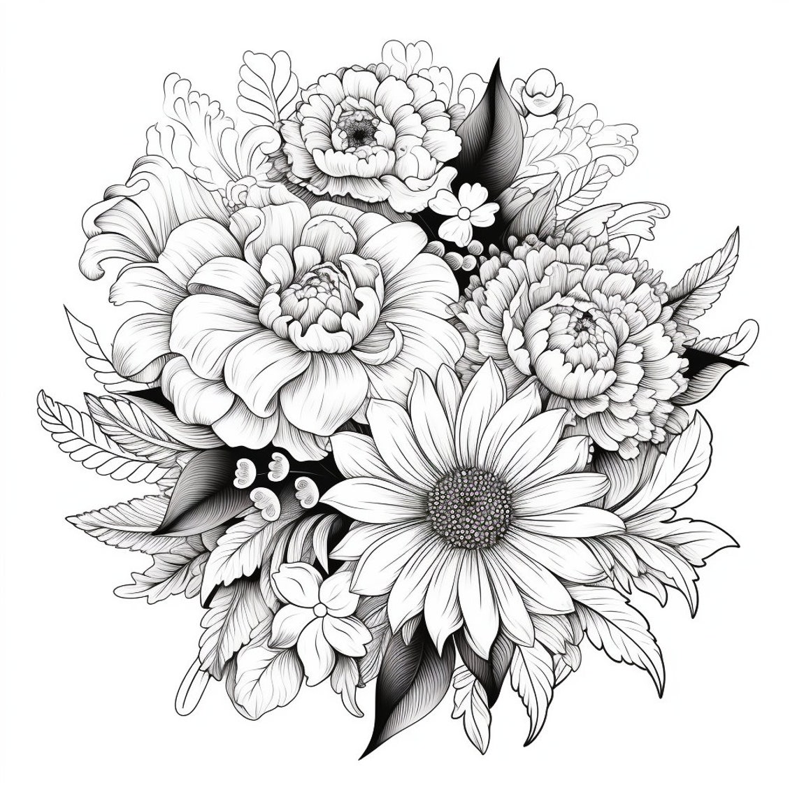 Floral Bouquet Adult Coloring Pages Detailed Flower Printable 56 ...