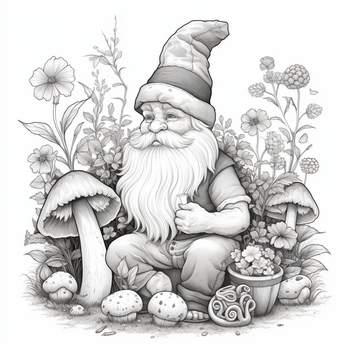 50 Cute Garden Gnomes Coloring Pages for Adults Printable Magical ...