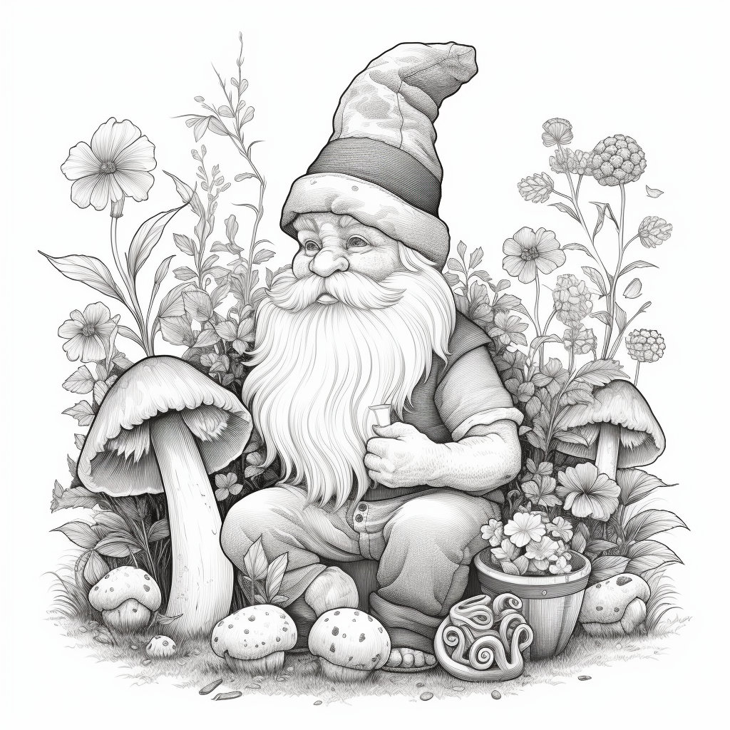 50+ Cute Garden Gnomes Coloring Pages for Adults Printable Magical Gnomes, Enchanted Gnomes ...